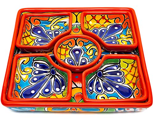 Enchanted Talavera Mexican Pottery Ceramic Large Appetizer Tray Serving Dishes Platter Dish Food Plate Condiments Organizer (Square 6 Piece Set, Red)