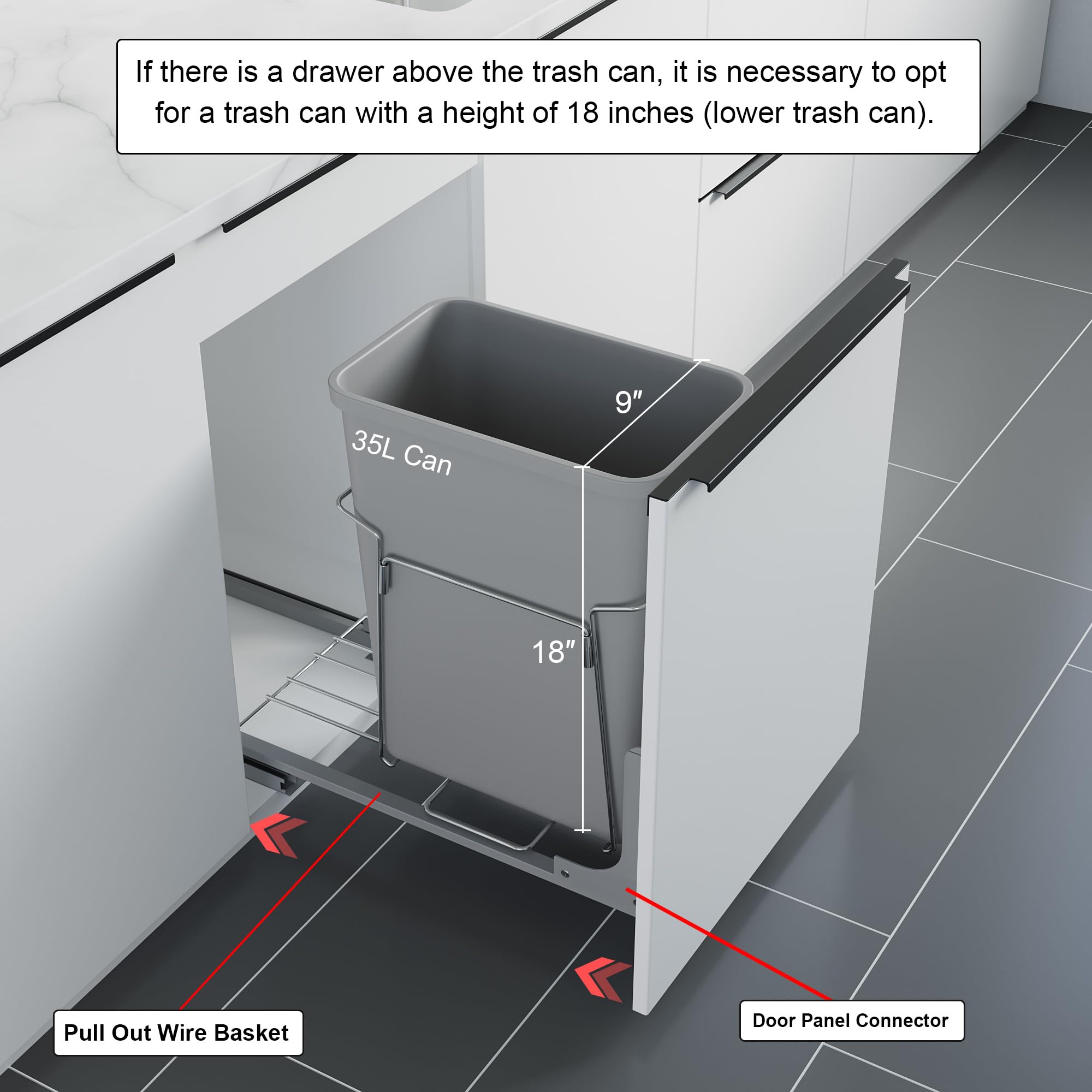 Dowell Alu Bottom Mount Pull- Out Waste Container W/Door Mounting Kit - Single Grey Recycling Bin- for Both 15β Frameless & Face Framed Cabinet -4012 0115 35