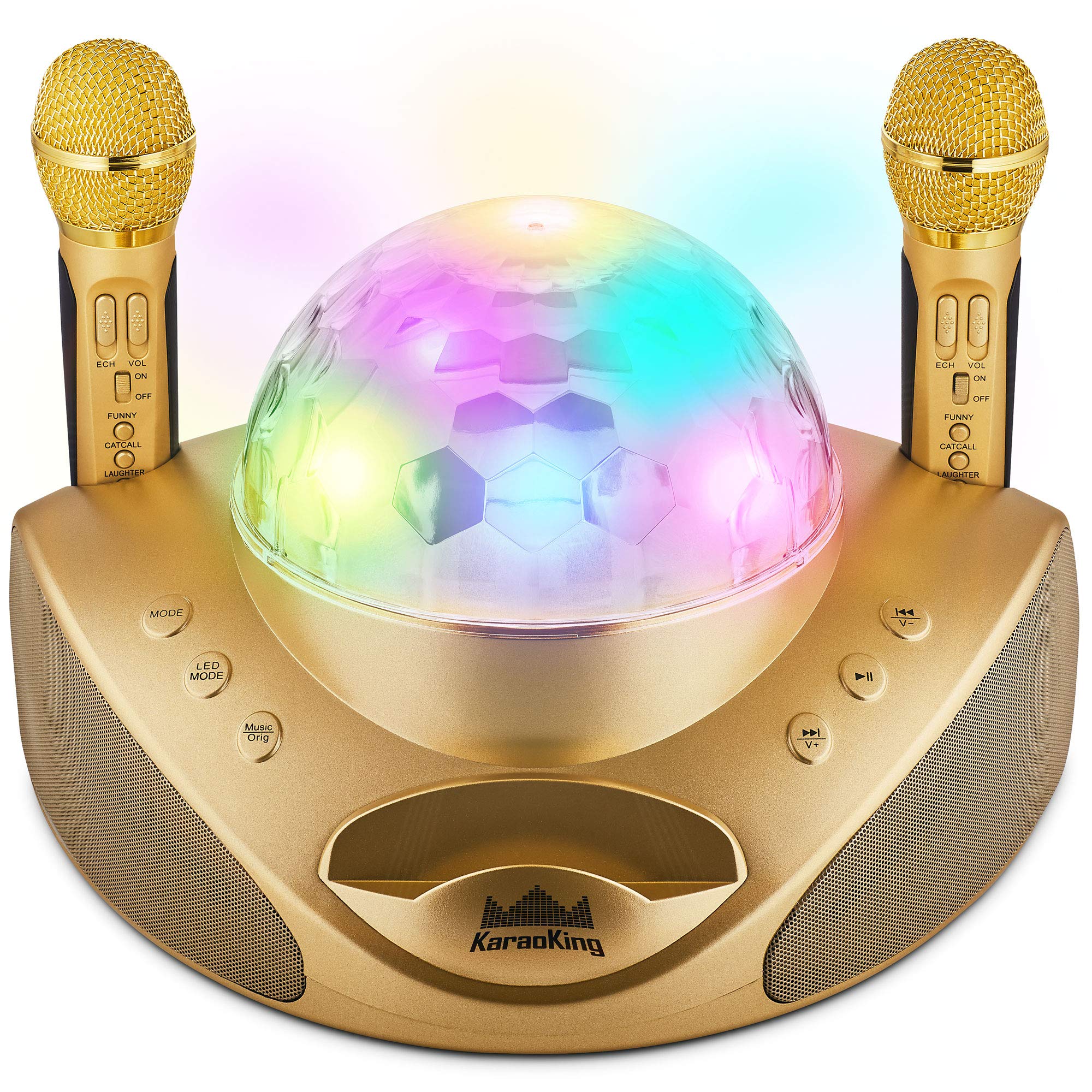 KaraoKing New 2020 Karaoke Machine – for Adults and Kids –2 Wireless Karaoke Microphone, SD Card, USB, Bluetooth Compatible, Lights Function– Home, Bachelor Party, Picnic, Outdoor/Indoor [G308 Gold]