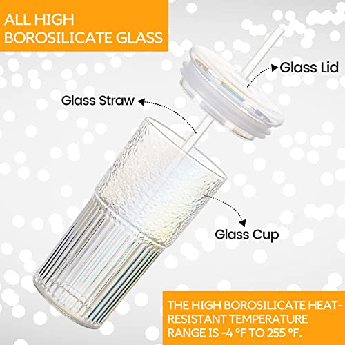 QWEZXO High Borosilicate Glass Cups With Lids and Glass Straws,20 OZ Rainbow Iced Coffee Water Tumbler Smoothie