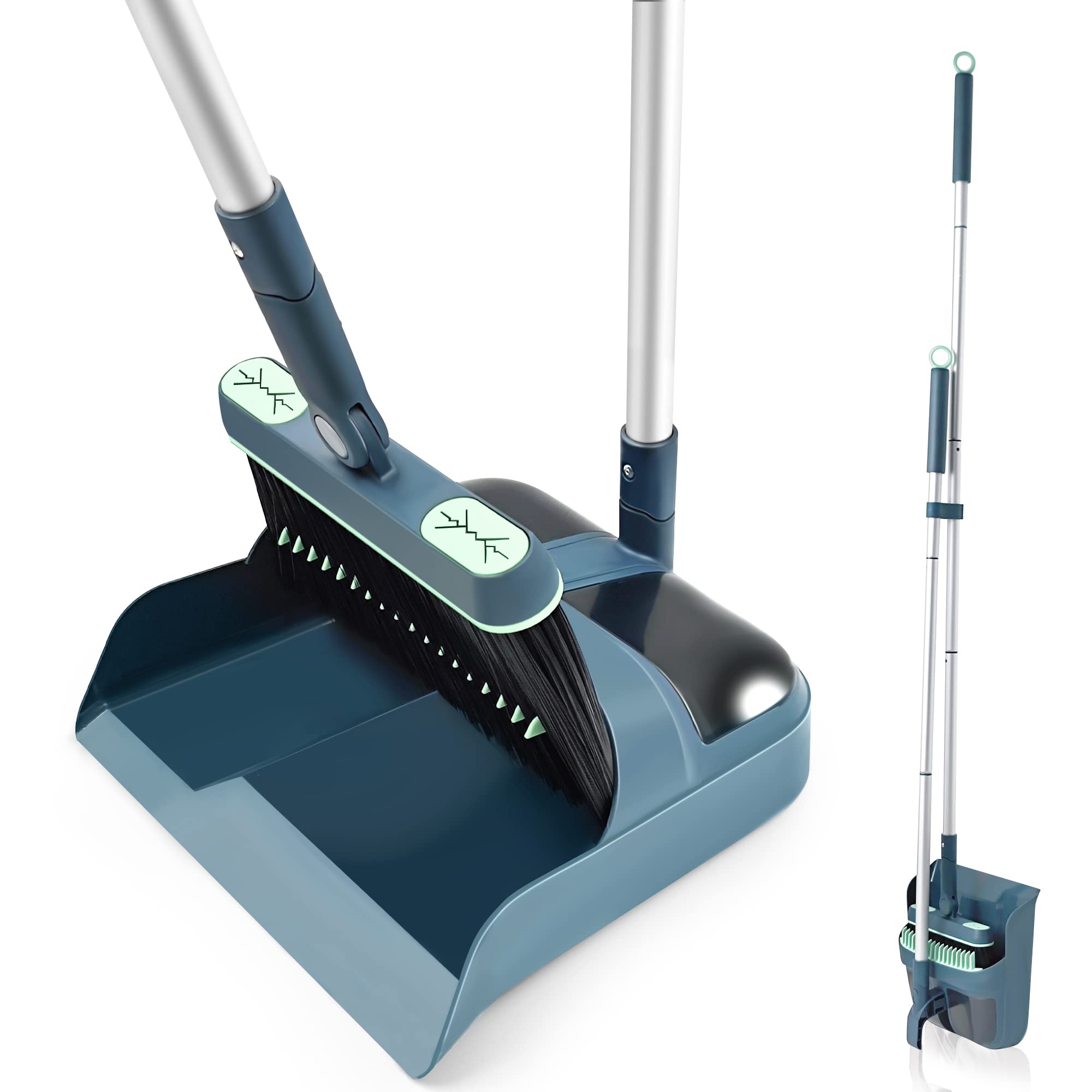 DALIPER Broom and Dustpan Set with Aluminum 54 Inches Long Handle, 180 Degree Swivel Broom and Upright Dust Pan with Hair Scraper for Home, Kitchen, Office, Indoor