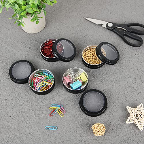 DAJAVE 30 Pack 2 Ounce Round Tin Cans, Black Round Tins Screw Lids Tin Cans with Clear Window, Metal Tin Containers Empty Tin Cans for Storing Spices, Candies, Candles, Gifts