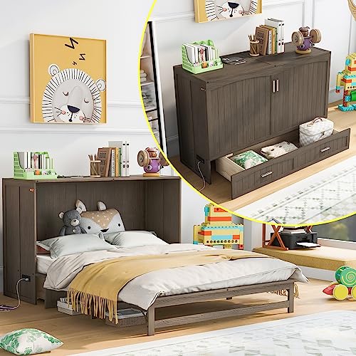 Goohome Queen Size Mobile Murphy Cube Cabinet Bed with Built-in Charging Station, Versatile Solid Wood 2 in 1 Murphy Bed Chest with Big Storage Drawer, Modern Murphy Platform Bed for Guest Home Office