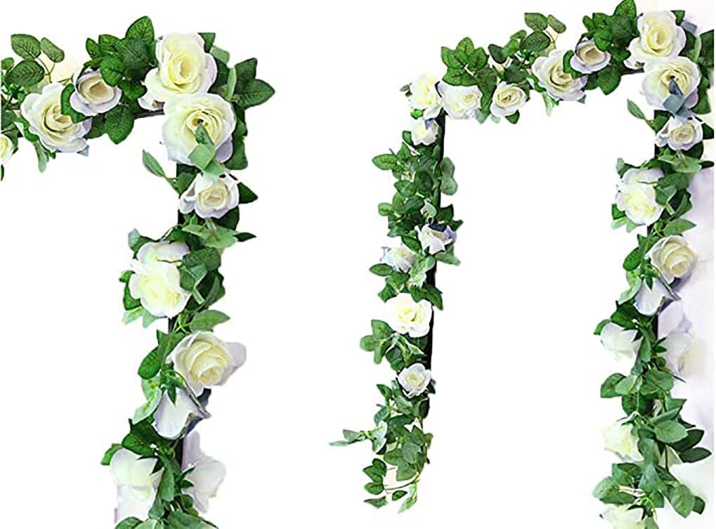 LNHOMY Lannu 2PCS 15 FT Artificial Rose Vine Garland Flowers Fake Flower Plants for Wedding Home Garden Party Hotel Decor, (Cream)