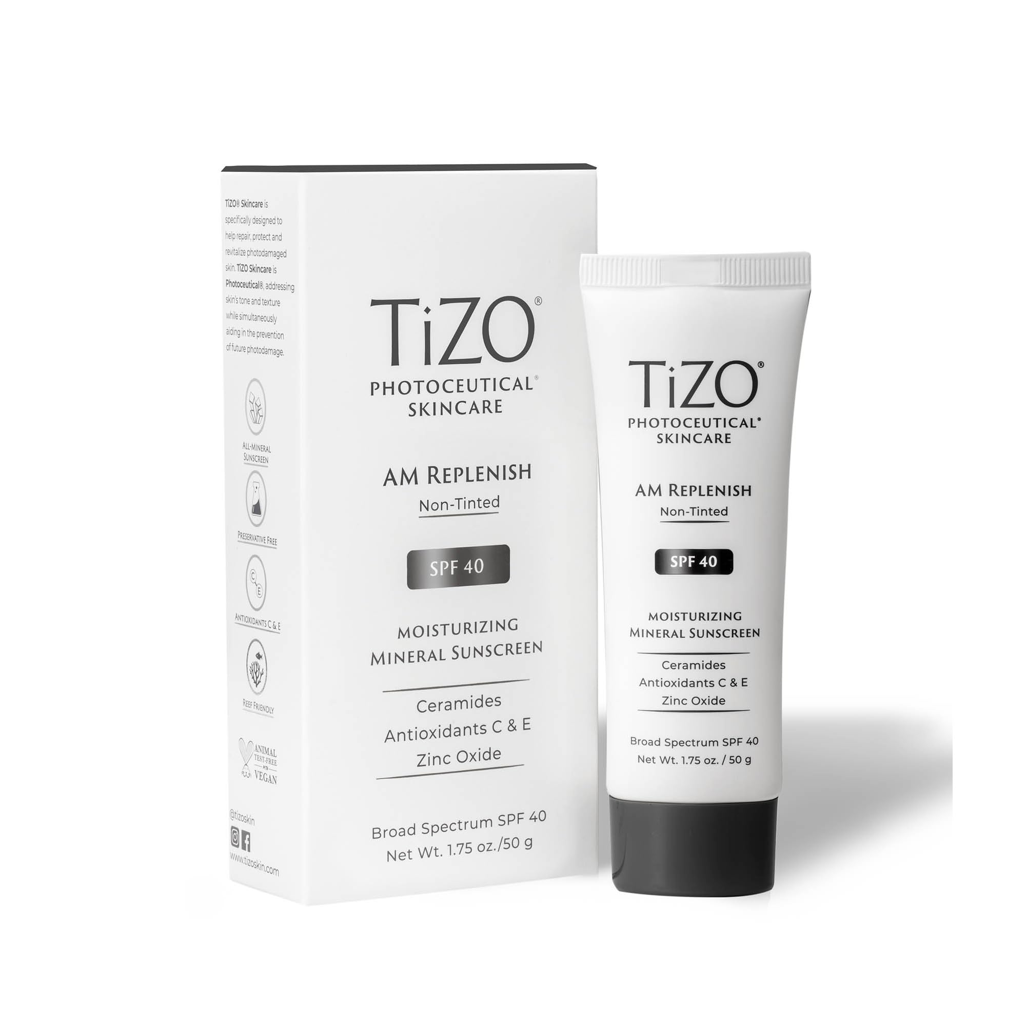 TIZO Photoceuticals Am Replenish Non-tinted Facial Mineral Sunscreen SPF 40, 1.75 oz