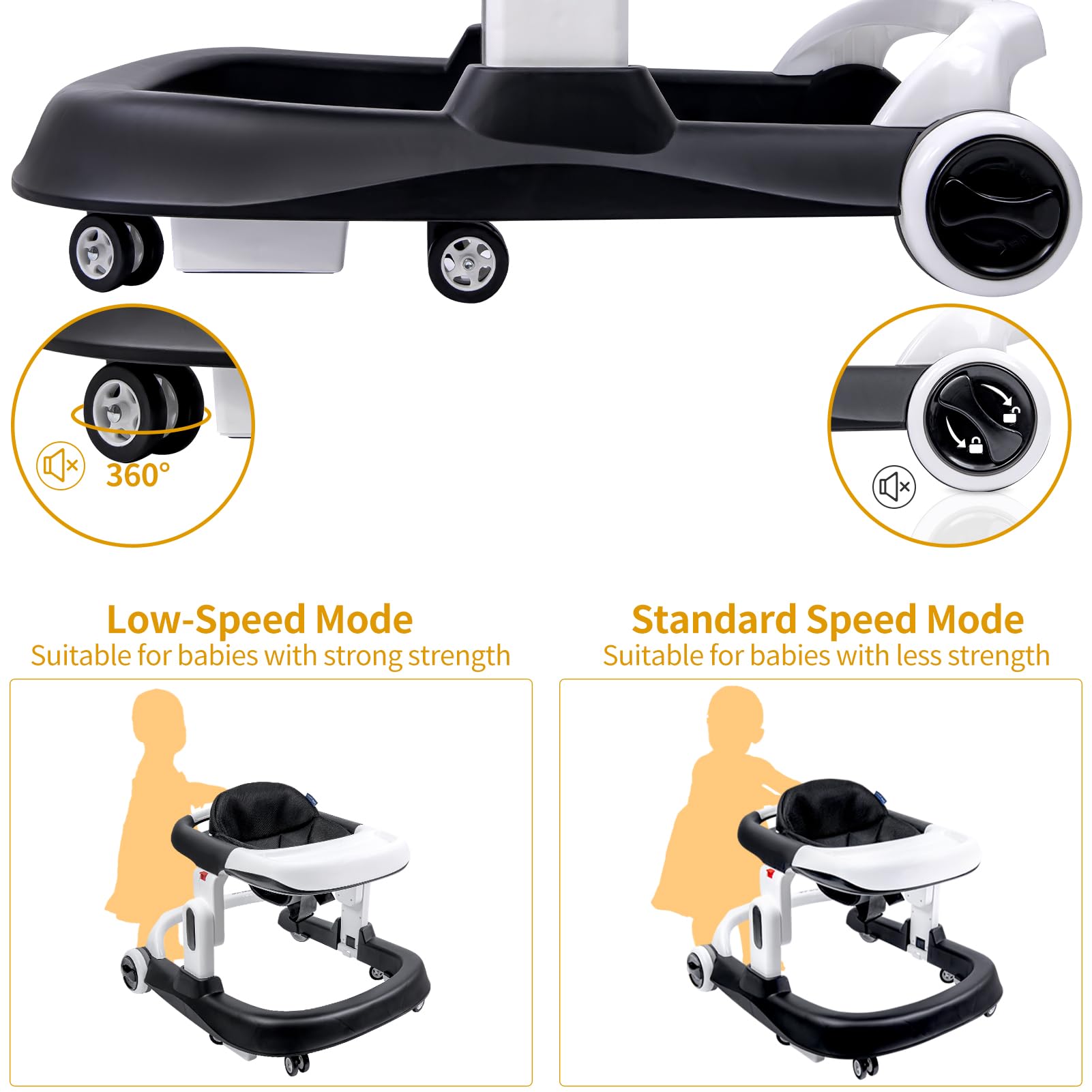Baby Walker with Wheels, Activity Center with Mute Wheels Anti-Rollover, Learning-Seated, Walk-Behind, Height Adjustable Foldable Baby Walkers for Boys and Girls from 6-18 Months with Footrest…