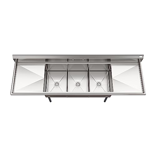 KoolMore 102 in. Three Compartment 18-Gauge Stainless-Steel Commercial Kitchen Sink, Bowl Size 18x24x14, with Three Basins for Washing and Rinsing Dishes with Two Drainboards (KM-SC182414-24B3)