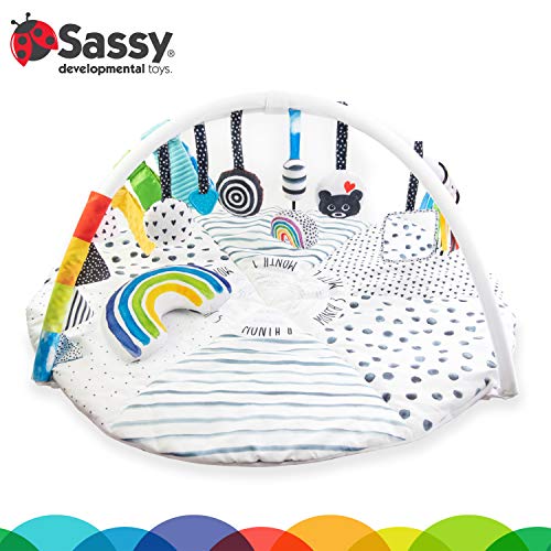 Sassy Stages STEM Developmental Play Gym, Sensory Tummy Time Activity Play Mat w/Built-in Instructions, Ultra Plush & Machine Washable Playmat for Babies & Toddlers