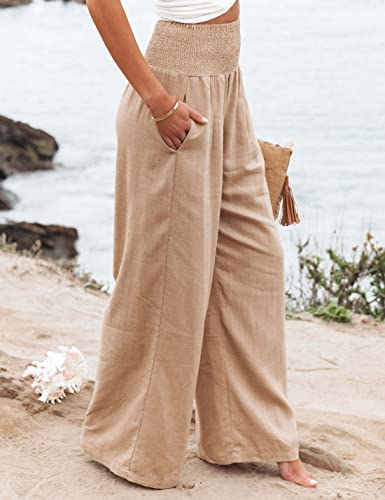 Hooever Women's Summer Linen Pants High Waisted Wide Leg Palazzo Pant Flowy Lounge Trousers (Khaki-S)