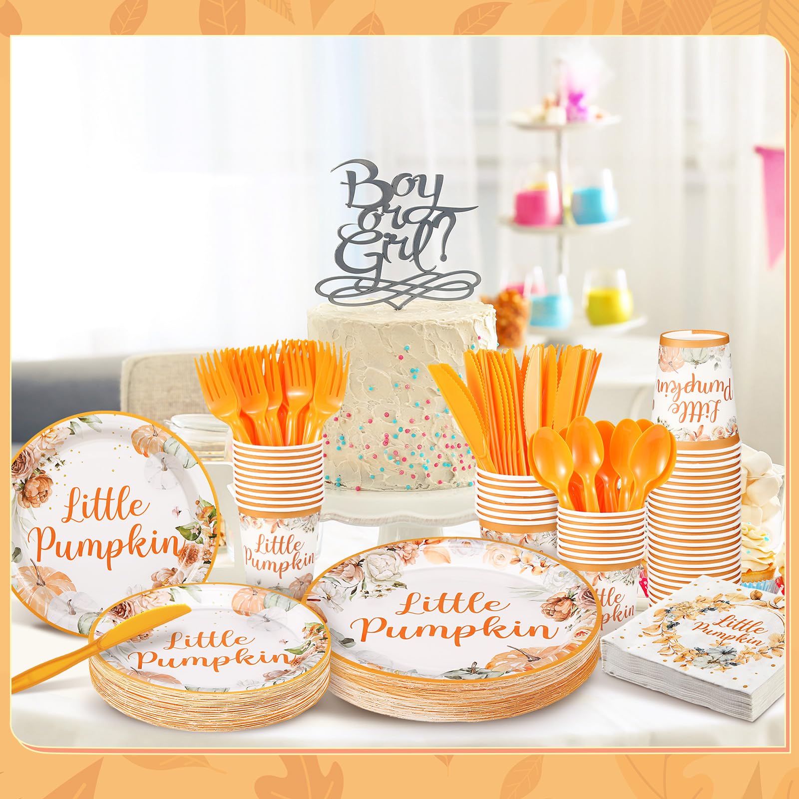 Dandat 350 Pcs Baby Shower Plates Set Baby Shower Party Supplies Serves 50 Tableware Sets Include Plates Napkin Cup Forks Knives Spoons Disposable Dinnerware for Boy Girl(little pumpkin)