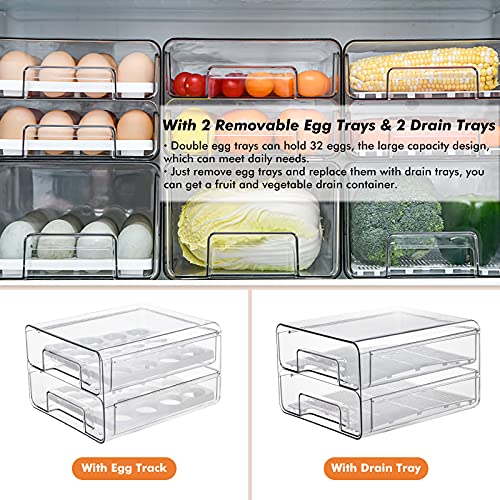 elabo 32 Grid Large Capacity Egg Holder for Refrigerator, Stackable Refrigerator Organizer Drawers with Removable Drain Tray, Fridge Organizer Bins, Pull Out Food Storage Container Bins with Drawer