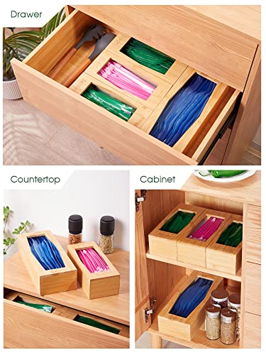 Kootek Ziplock Bag Organizer, 4 Pack Bamboo Food Storage Bag Holders Baggie Organizers Boxes for Kitchen Drawer Suitable for Gallon, Quart, Sandwich, Snack and Variety Size Bags