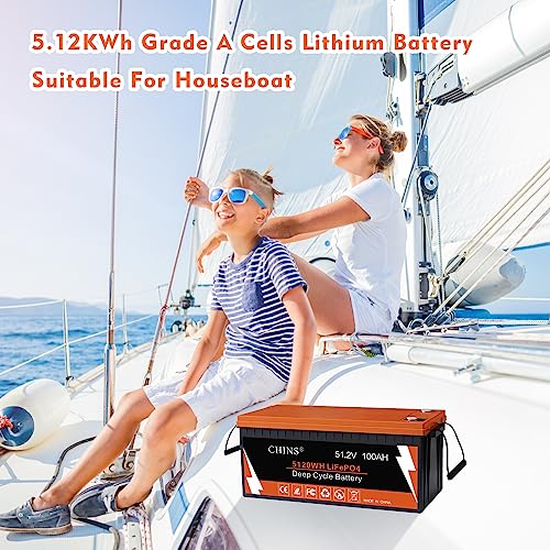CHINS Bluetooth LiFePO4 Battery Smart 48V 100AH Lithium Battery, Includes 48V 10A Lithium Battery Charger, Perfect for Golf Cart, Trolling Motor, Marine, Peak Current 500A
