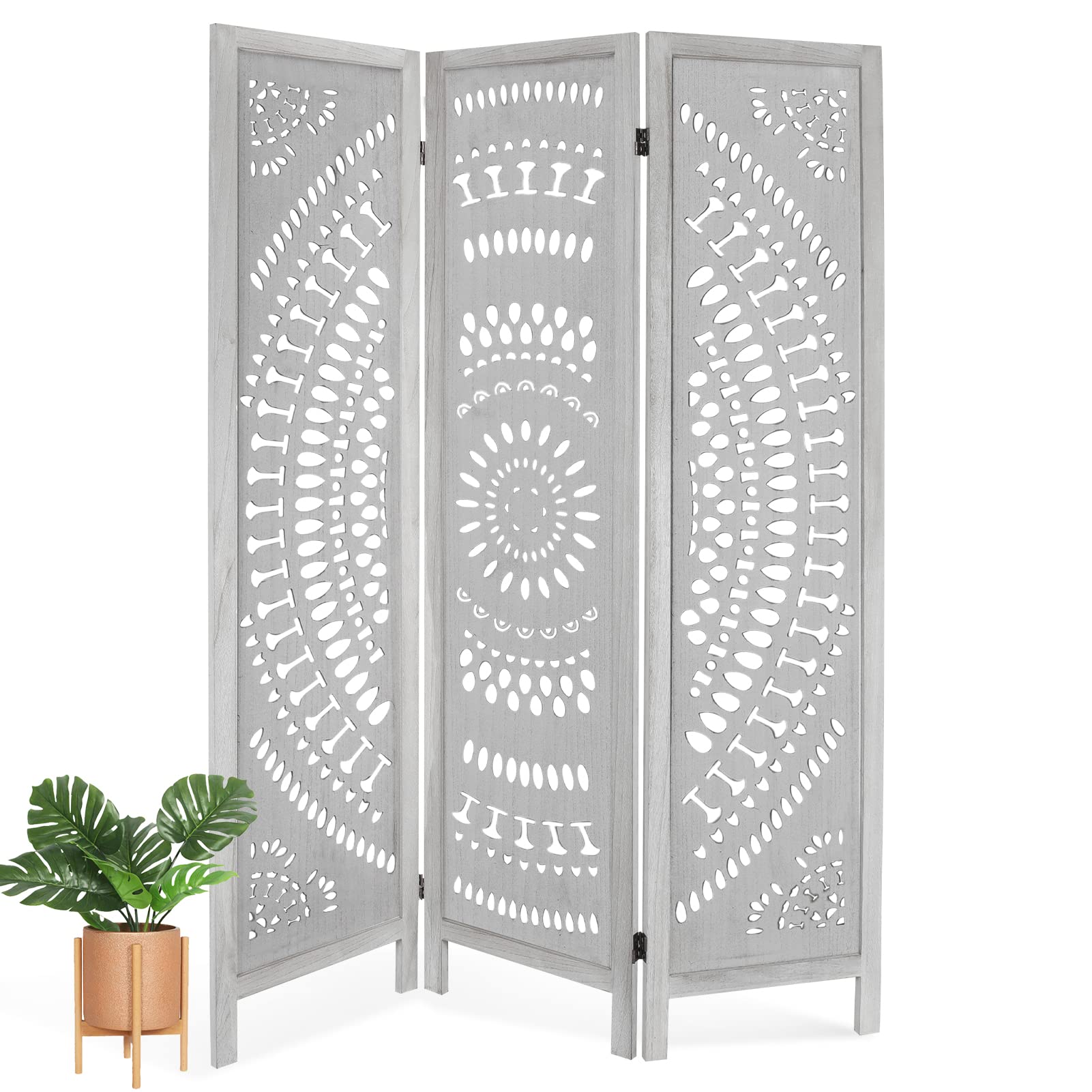 ECOMEX Carved Room Dividers,4 Panel Room Divider with Hand Carved Vintage Style Room Dividers and Folding Privacy Screens,Retro Flower Pattern, Brown