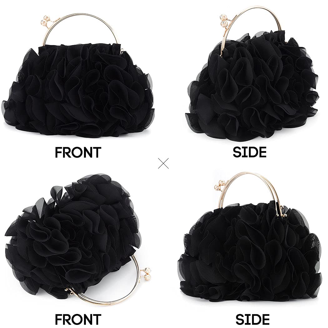 Barode Floral Clutch Purses for Women Satin Flower Evening Bag Party Prom Handbags (Black)