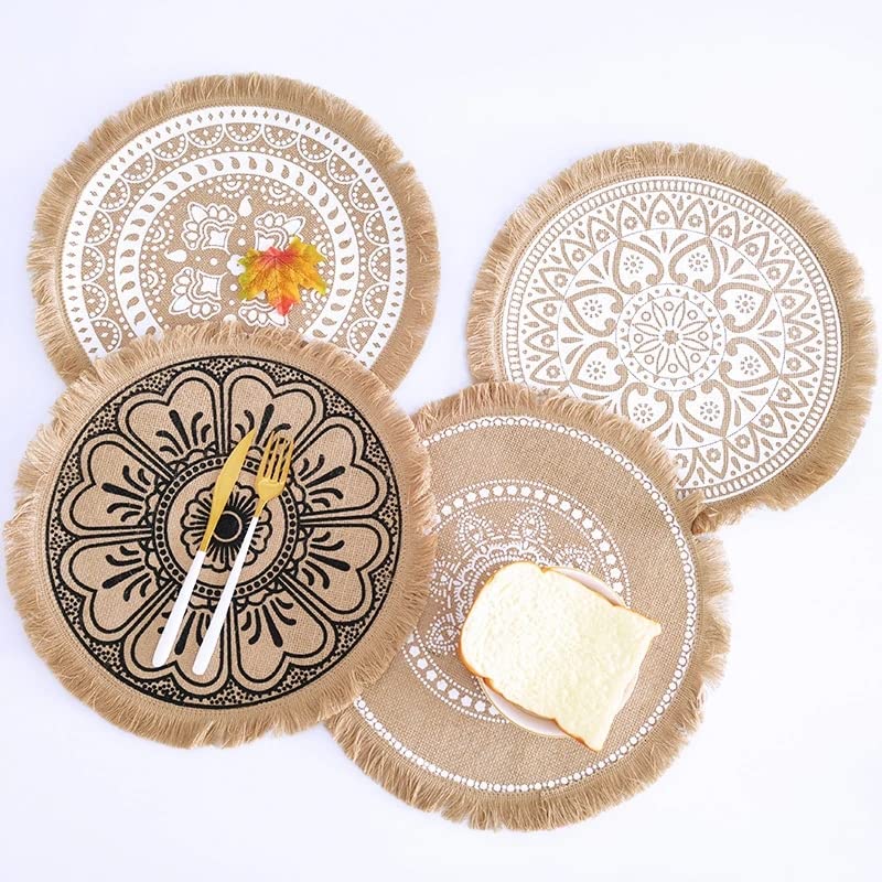 GorinsKani 2 Pieces of Cotton Thread Embroidery Table mat Jute Table mat Decoration mat Round Tassel Side Table mat Heat Insulation mat Anti-Slip Kitchen mat Home Decoration (Tassel Style E)