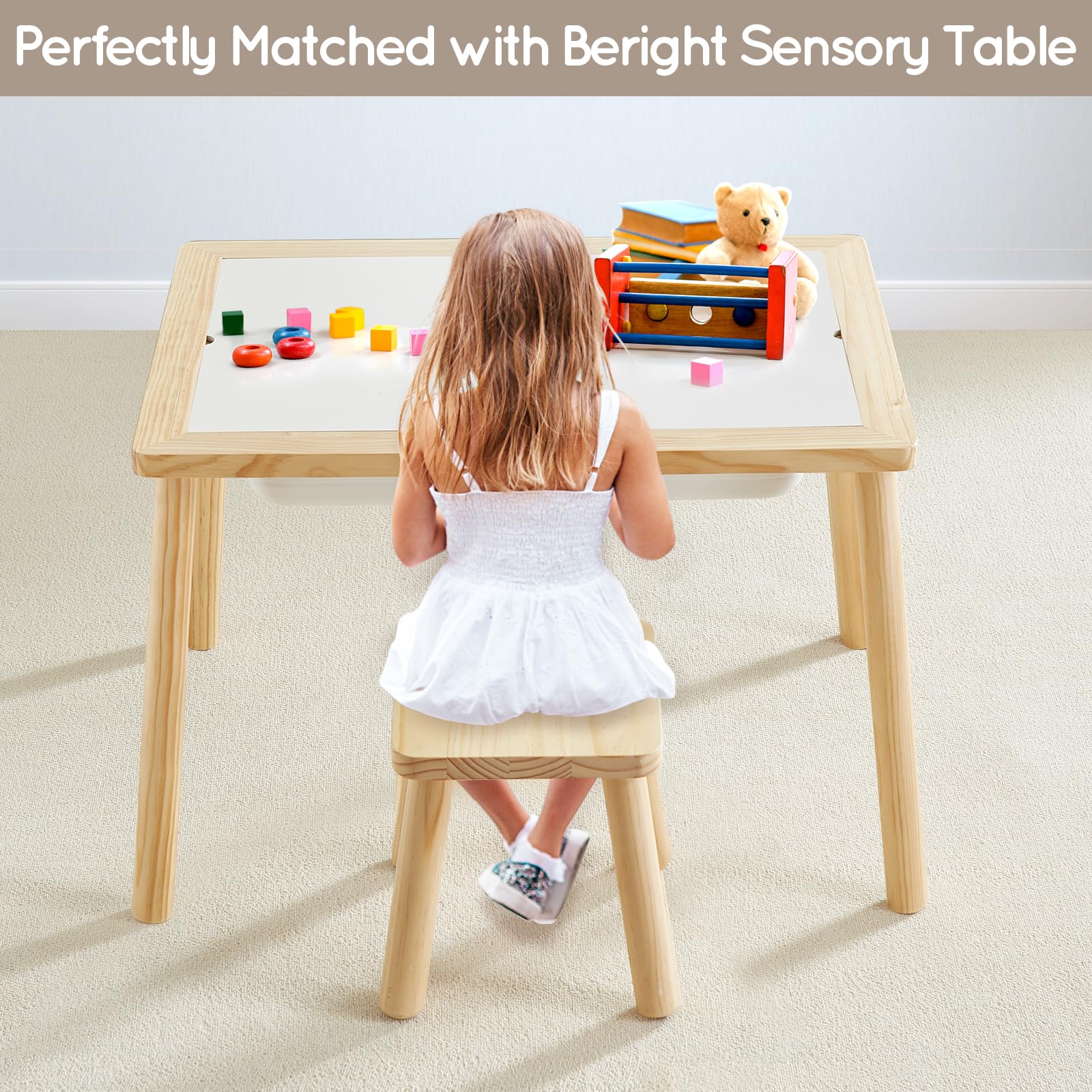 Beright Wooden Step Stools for Kids, Children's Stool fit with Sensory Table, Sturdy Sitting Stool with Assembled Four-Legged, for Children, Toddler, Square, 2 Pack
