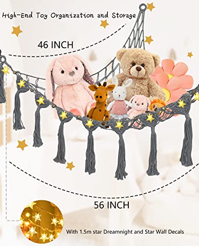 Salamanda Stuffed Animal Net or Hammock with wall decal and star LED Light, Boho Toy Hammock Hanging Stuffed Animal Storage Net Organizer Holder for Bedroom, Nursery (A-Grey)