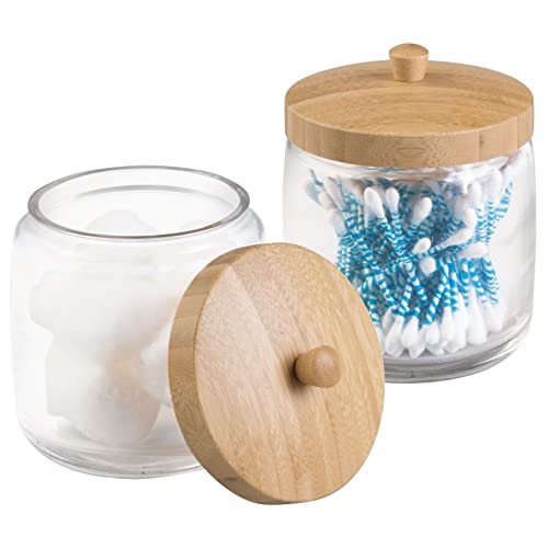 mDesign Small Apothecary Organizer Canister Jars - Glass Containers with Bamboo Lid for Bathroom, Organization Holder for Vanity, Counter, Brock Collection, 2 Pack - Clear/Natural