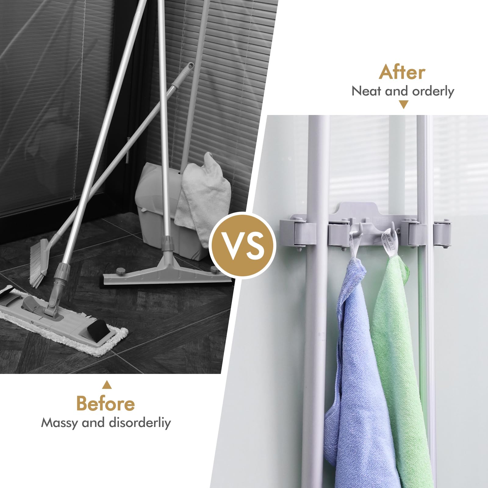 DrDirt Plastic Broom Holder Wall Mount Set,Tool Organizer Broom Holder for Home Kitchen Bathroom Laundry Room Closet Garden Garage, Gray
