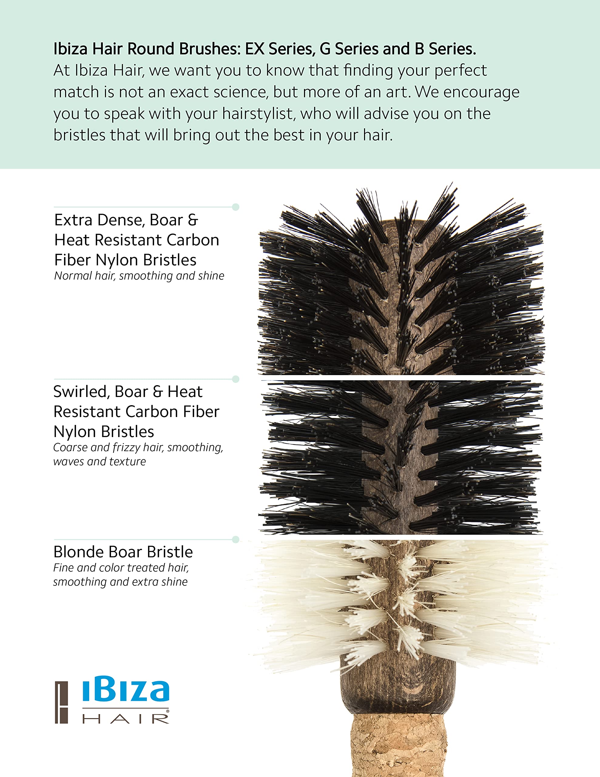Ibiza Hair Round Boar Bristle Brush (EX5-80mm) | Lightweight with Reinforced Bristles & Cork Handle | Ideal for Loose Curls & Big Volume | Adds Texture & Shine for Medium to Long Styles