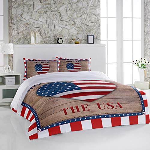 Independence Day Queen Duvet Covers American Flag Love Wood Plank 3-Piece Bedding Sets Luxury Soft Microfiber Bed Comforter Protector with Pillow Cases for Women Men Girl Boy Red White Plaid
