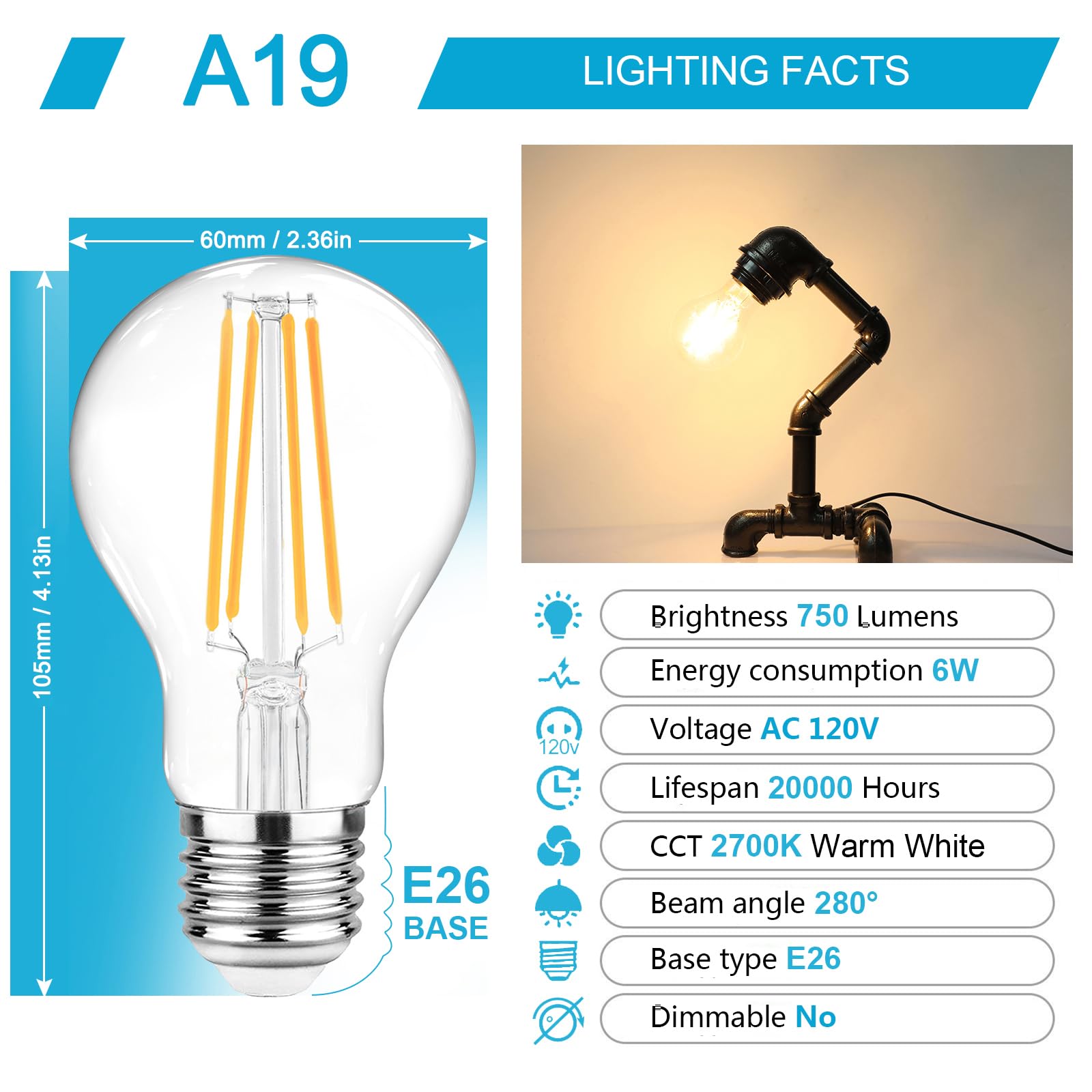 Ascher 60 Watt Equivalent, E26 LED Filament Light Bulbs, Daylight White 4000K, Non-Dimmable, Classic Clear Glass, A19 LED Light Bulb with 80+ CRI, 12-Pack