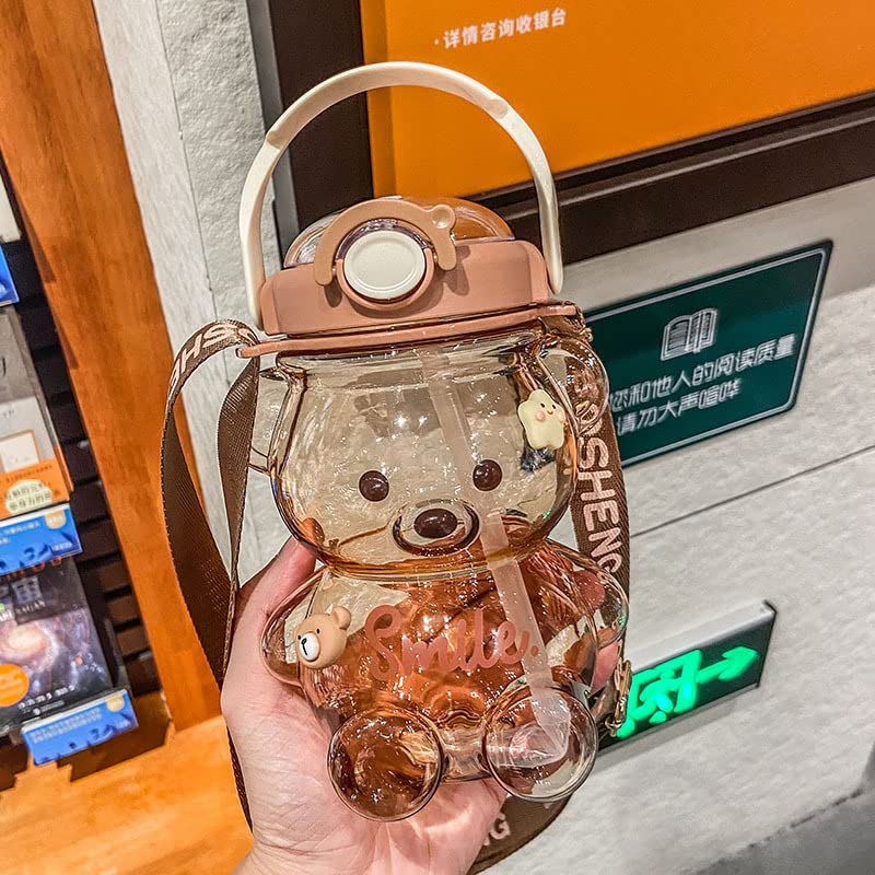 JQWSVE Kawaii Straw Bottle, , Leak-Proof Cute Kawaii Bear Water Bottle with Stickers for Girls School Office Travel