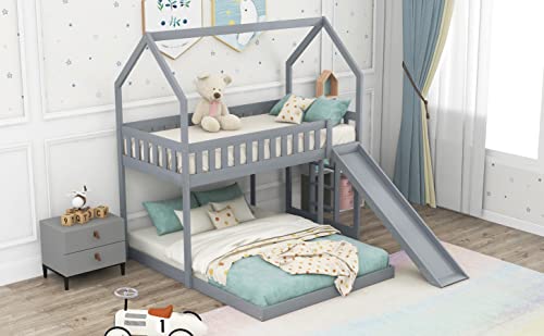 GLORHOME Twin Over Full House Bunk Bed, Detachable to Floor Bedframe and A Loftbed, with Slide, Built-in Ladder,Full-Length Guardrail for Kids Adults,Roof can be Decorated