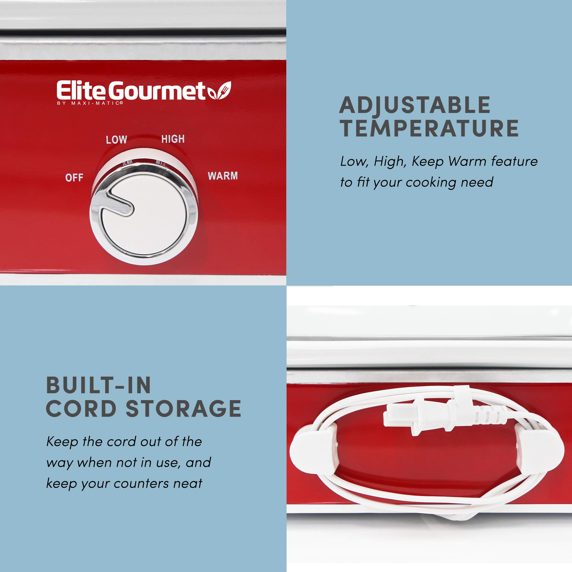 Elite Gourmet MST-5240 Casserole Crock Slow Cooker, Locking Lid Adjustable Temperature Keep Warm Oven & Dishwasher-Safe Casserole Pan, 3.5Qt Capacity, Red