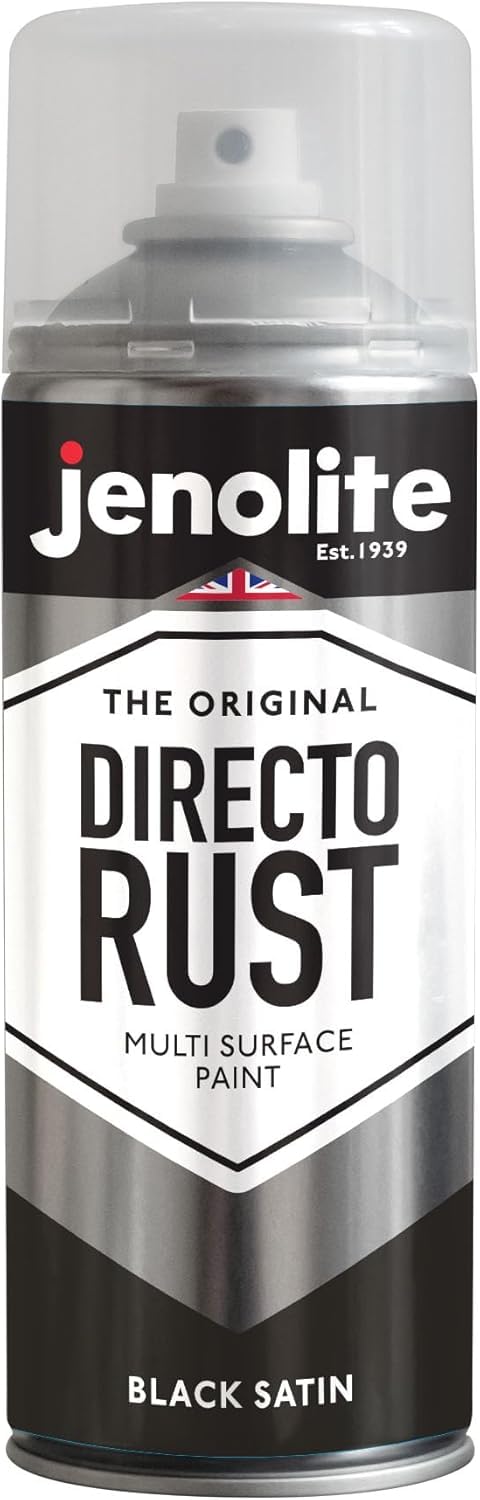 JENOLITE Directorust Satin Spray Paint | BLACK | 400ml (13.52fl oz) | Semi-Gloss Spray Paint | Wood, Metal, Plastic, Ceramic & Rusted Surfaces | Interior & Exterior Use | RAL 9005