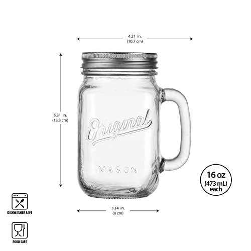 Mason Jar 16 Oz. Glass Mugs with Handle and Lid Set Of 4 - Home Essentials & Beyond - Old Fashioned Drinking Glass Bottles Original Mason Jar Pint Sized Cup Set.