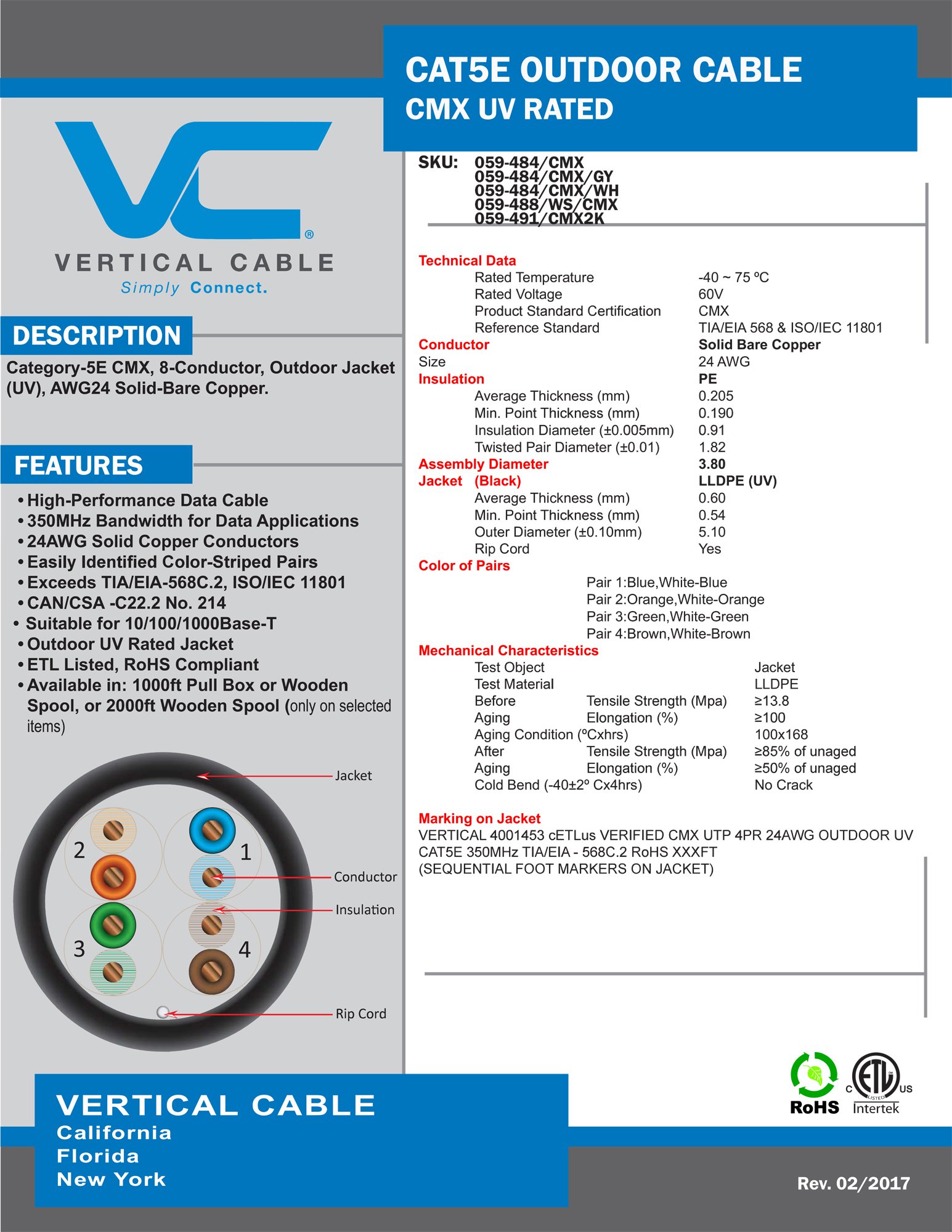Vertical Cable Cat5e, 350 Mhz, UTP, UV Jacket, Outdoor, CMX, 1000ft, Bulk Ethernet Cable, White