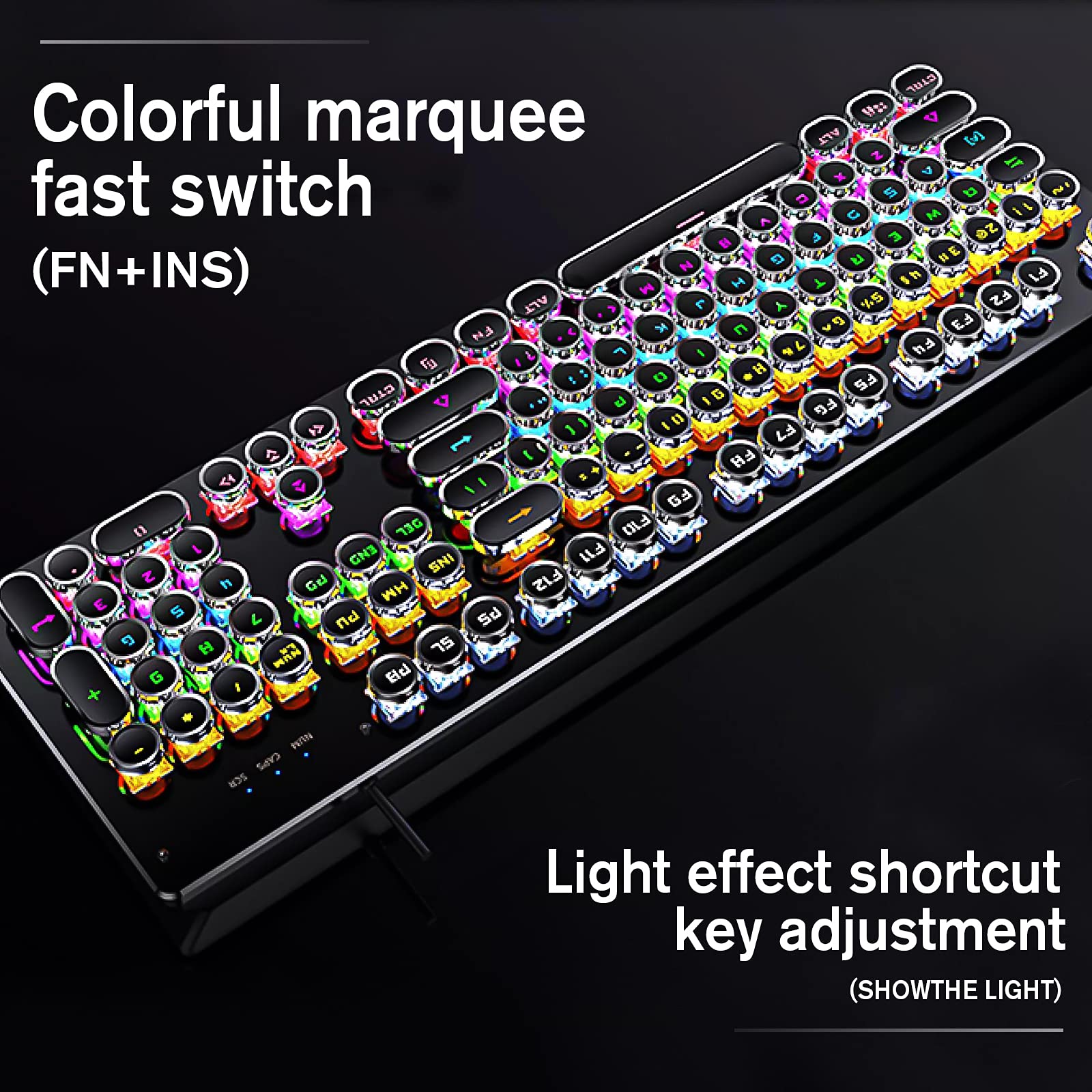 Basaltech Brown Switch Mechanical Keyboard with Rainbow LED Backlit, Typewriter Style Gaming Keyboard with 104-Keys Round Keycaps, Retro Steampunk Keyboard Metal Panel with Wired USB for PC/Mac