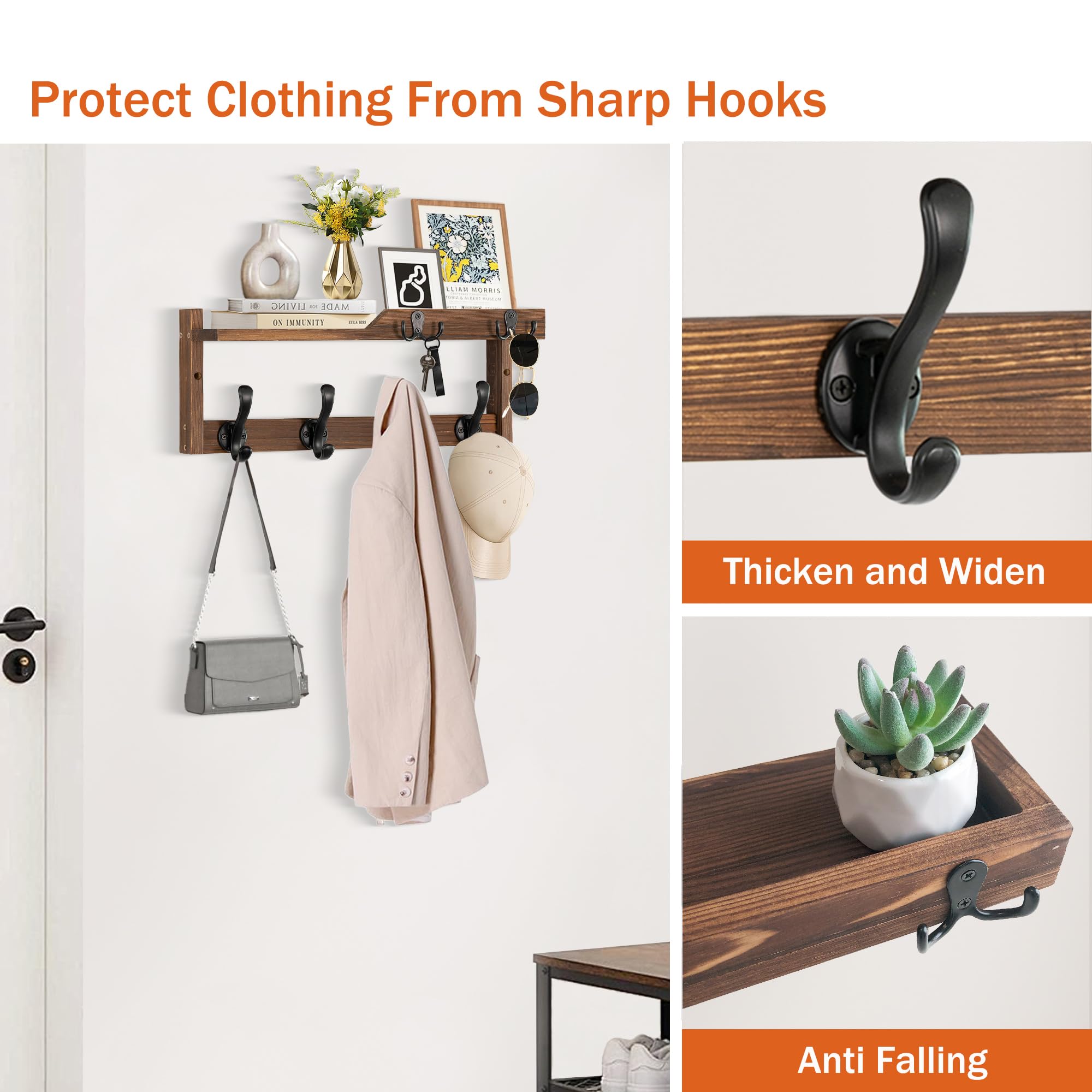 Coat Rack Wall Mount with Shelf, Coat Hanger Wall Mount with Key Hooks and Mail Holder, Wood Entryway Wall Floating Shelf with Hooks and Storage, Hat Rack for Wall Key Holder Mail Organizer