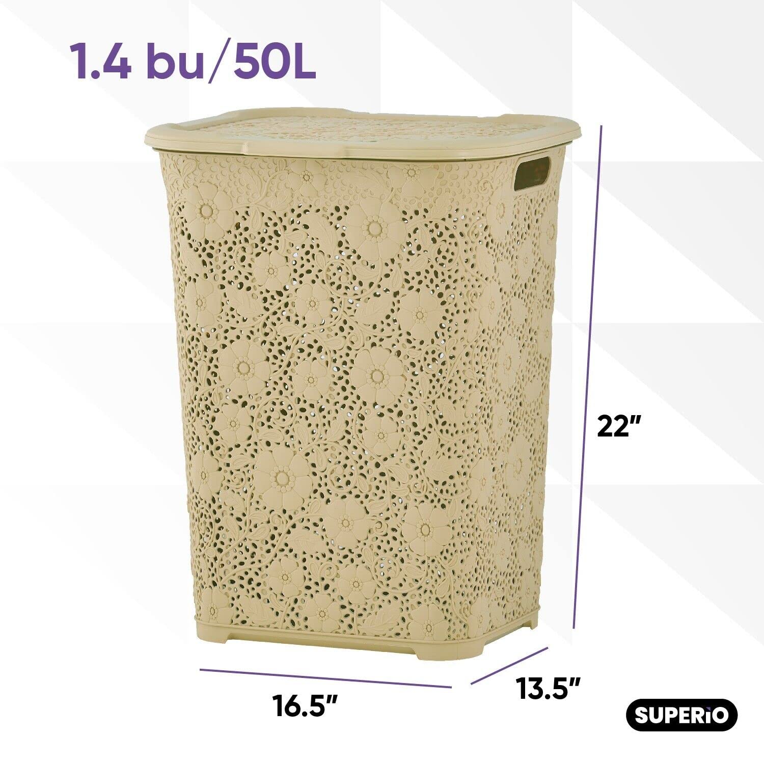 Superio Laundry Hamper with Lid Lace Design 50 Liter β 2 Pack Laundry Hamper Basket with Cutout Handles, Rectangular Shape Modern Style Bin -Dirty Cloths Storage (Beige 2 Pack)