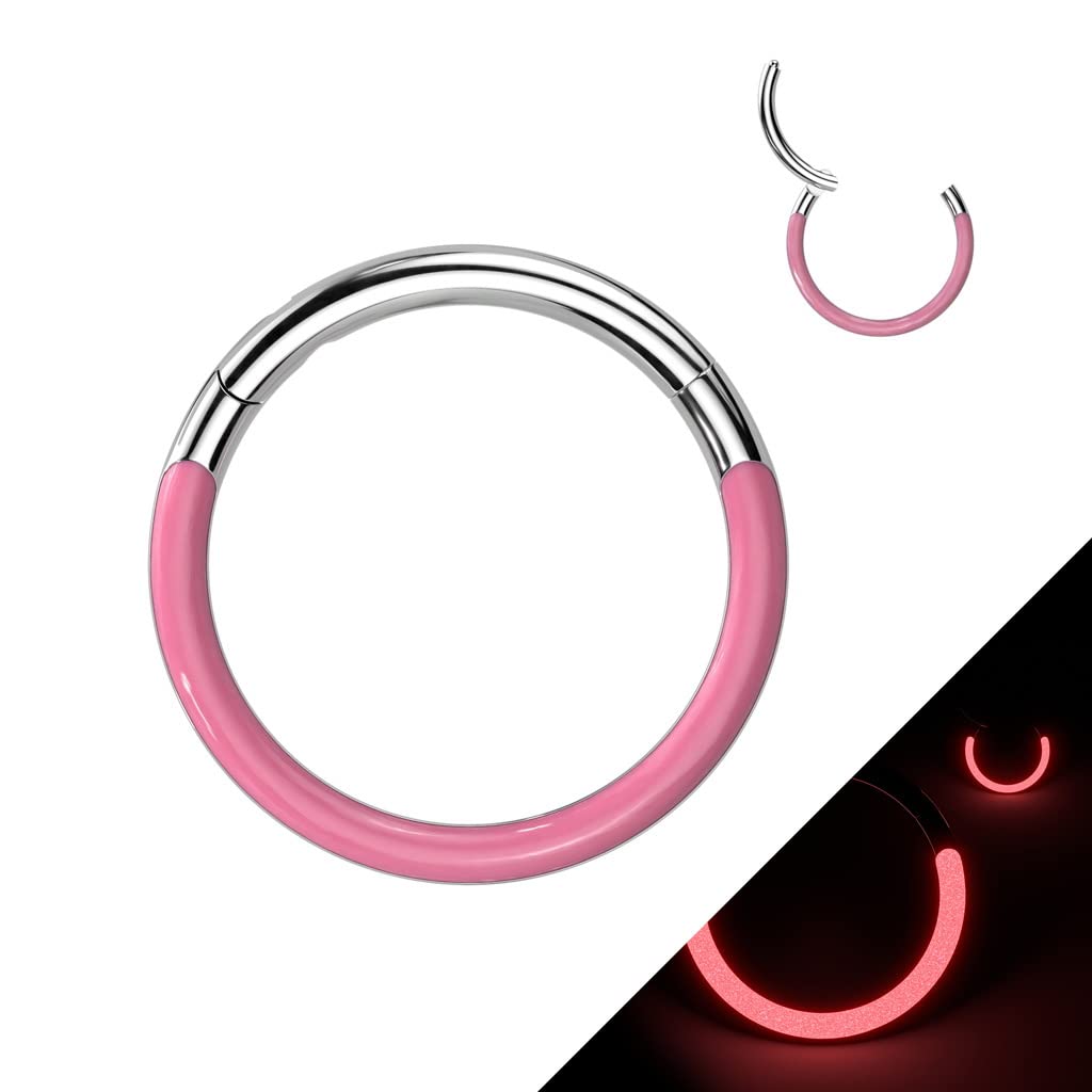 BODY DAZZ 16G Glow in the Dark Titanium Hinged Segment Ring Clicker Cartilage, Septum, Daith Piercing Jewelry (16 Gauge 8mm, Pink (Front Facing))