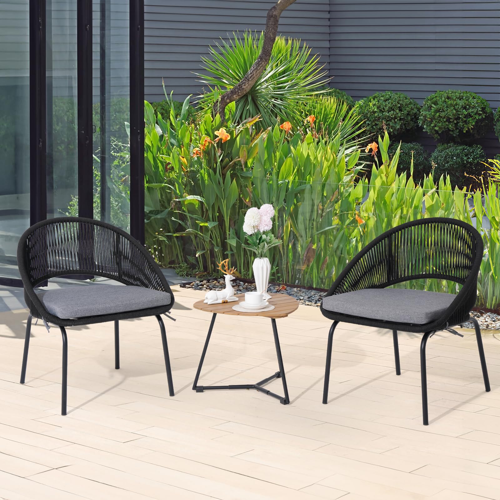 COBANA 3 Piece Patio Bistro Set, Outdoor Woven Rope Conversation Balcony Furniture Set with Wood Coffee Table and Cushioned Chairs for Garden, Backyard, Deck, Poolside, Black