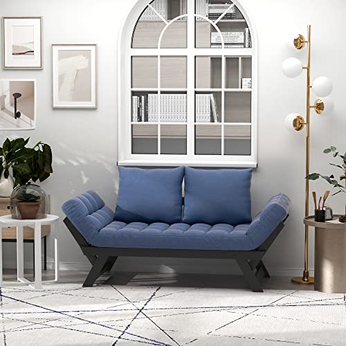 HOMCOM Single Person 3 Position Convertible Chaise Lounger Sofa Bed with 2 Large Pillows and Oak Frame, Dark Blue