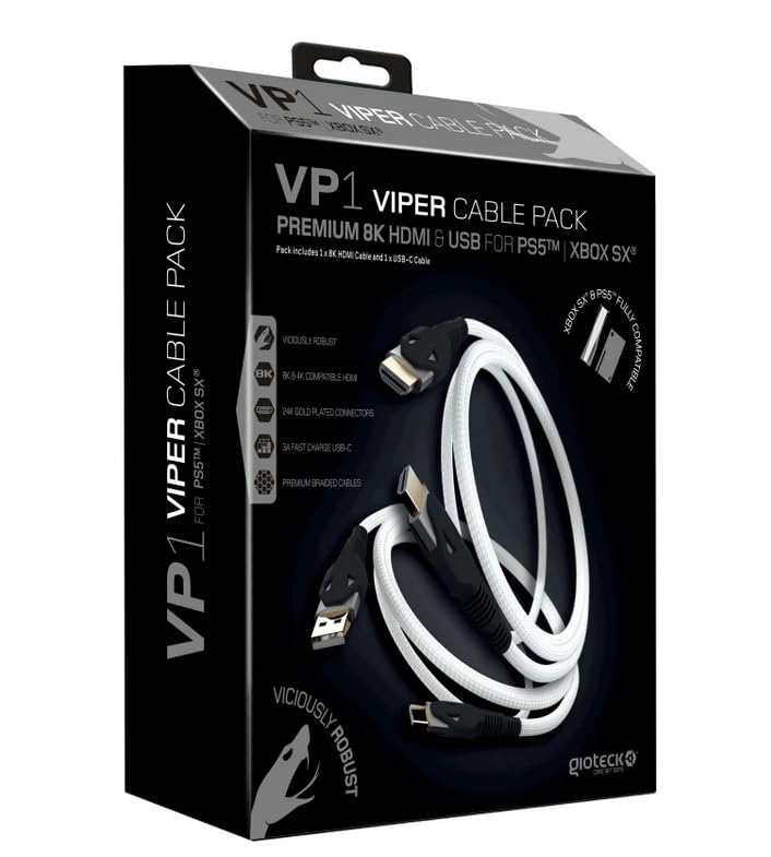 Gioteck Viper Pack - Gaming Cable HDMI PS5/Xbox Series x Premium 2.1 8K and USB C Fast Charge, 3 m Nylon Cable with 24K Connectors - Compatible with PS4/PS5/Xbox One/Series/PC - White