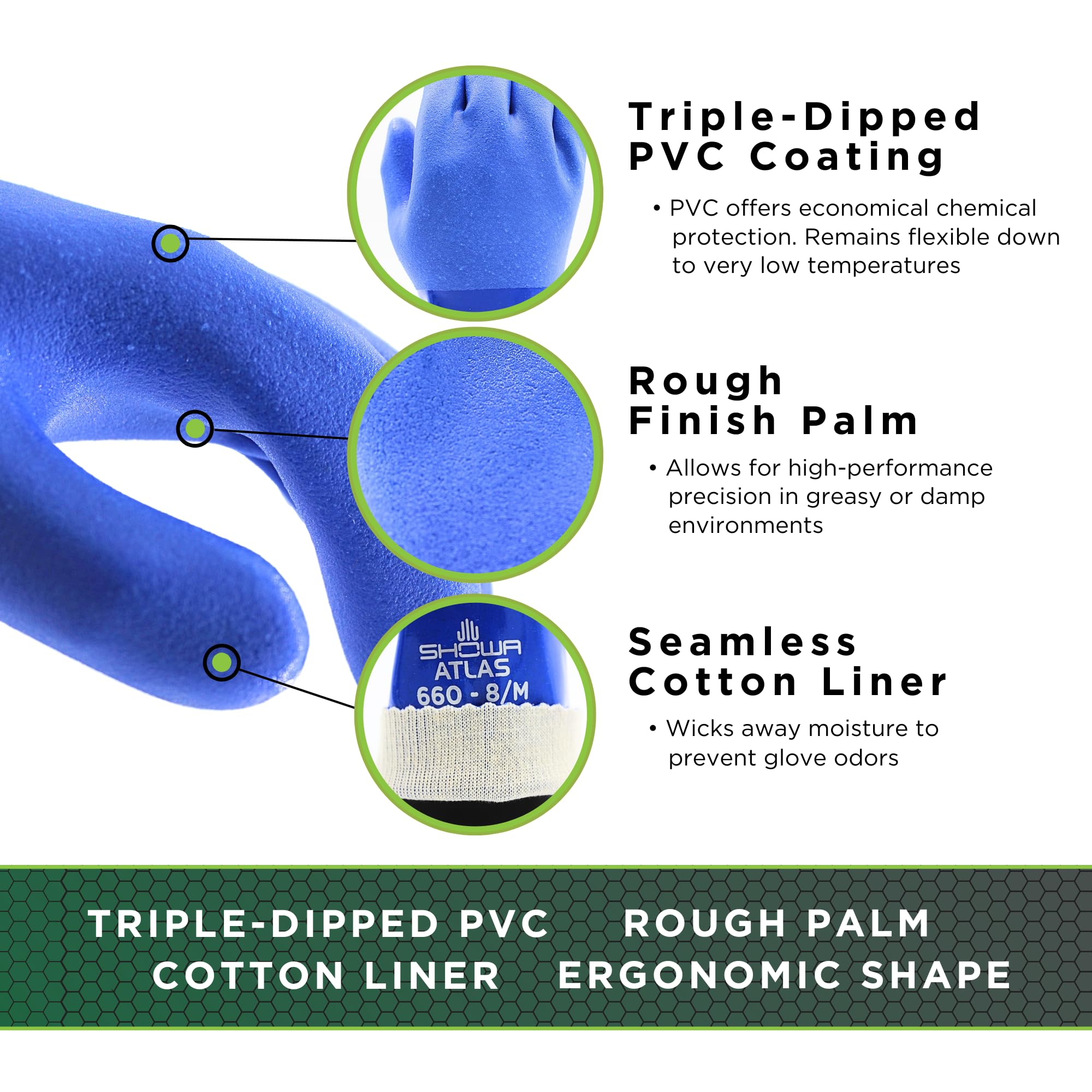 SHOWA Size 9 Blue ATLAS Cotton Lined 1.3 mm Cotton And PVC Chemical Resistant Gloves, Large