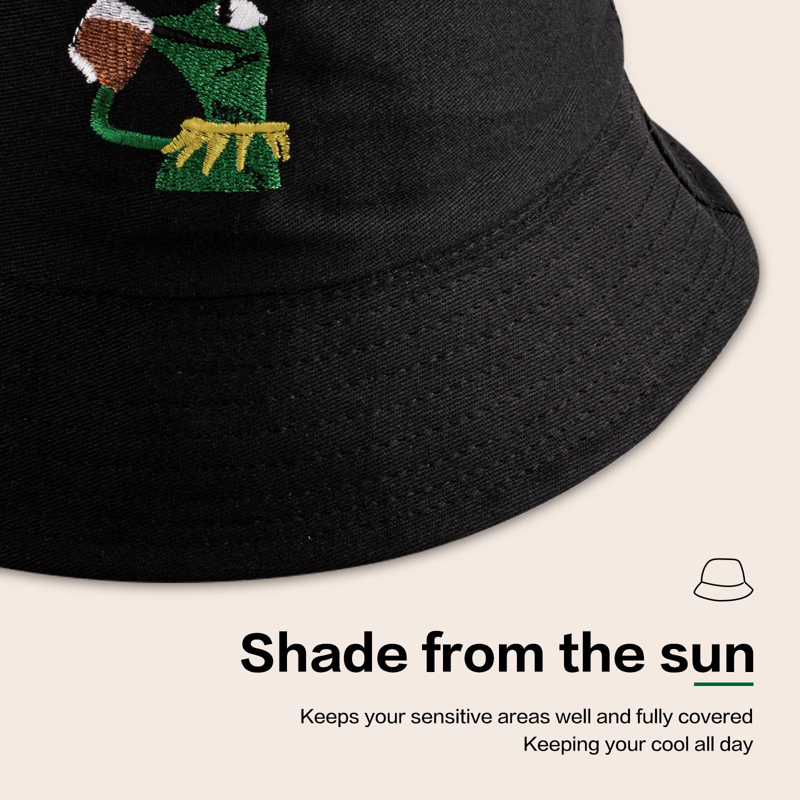 Bucket Hat for Women Men-kermit frog Embroidery Bucket Hat -Double Sided Wear Reversible Summer Sun Hat Black and White