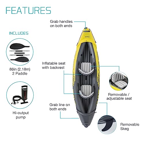 INTEX 68307EP Explorer K2 Inflatable Kayak Set: Includes Deluxe 86in Aluminum Oars and High-Output Pump β SuperStrong PVC β Adjustable Seats with Backrest β 2-Person β 400lb Weight Capacity