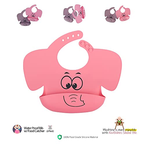 Elephant Silicone Bibs for Babies(2-Pack) Waterproof Bibs,Silicone Bibs with Food Catcher,Baby Bibs for Boy,Baby Girl Bibs (pink)