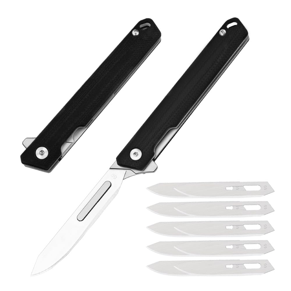 TGZUO Folding Pocket Knife G10 Handle Mini EDC Scalpel Knife Utility For Outdoor 10pcs #60 Carbon Steel Replacement Blades