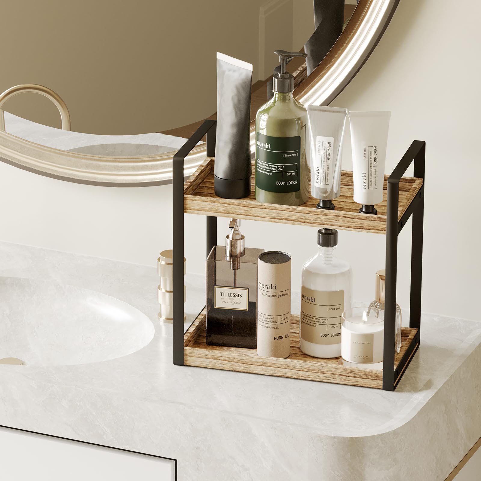 Fixwal Countertop Organizer for Bathroom, 2-Tier Wood Bathroom Counter Organizers Shelf Cosmetic Storage Standing Vanity Tray Kitchen Spice Rack, Light Brown