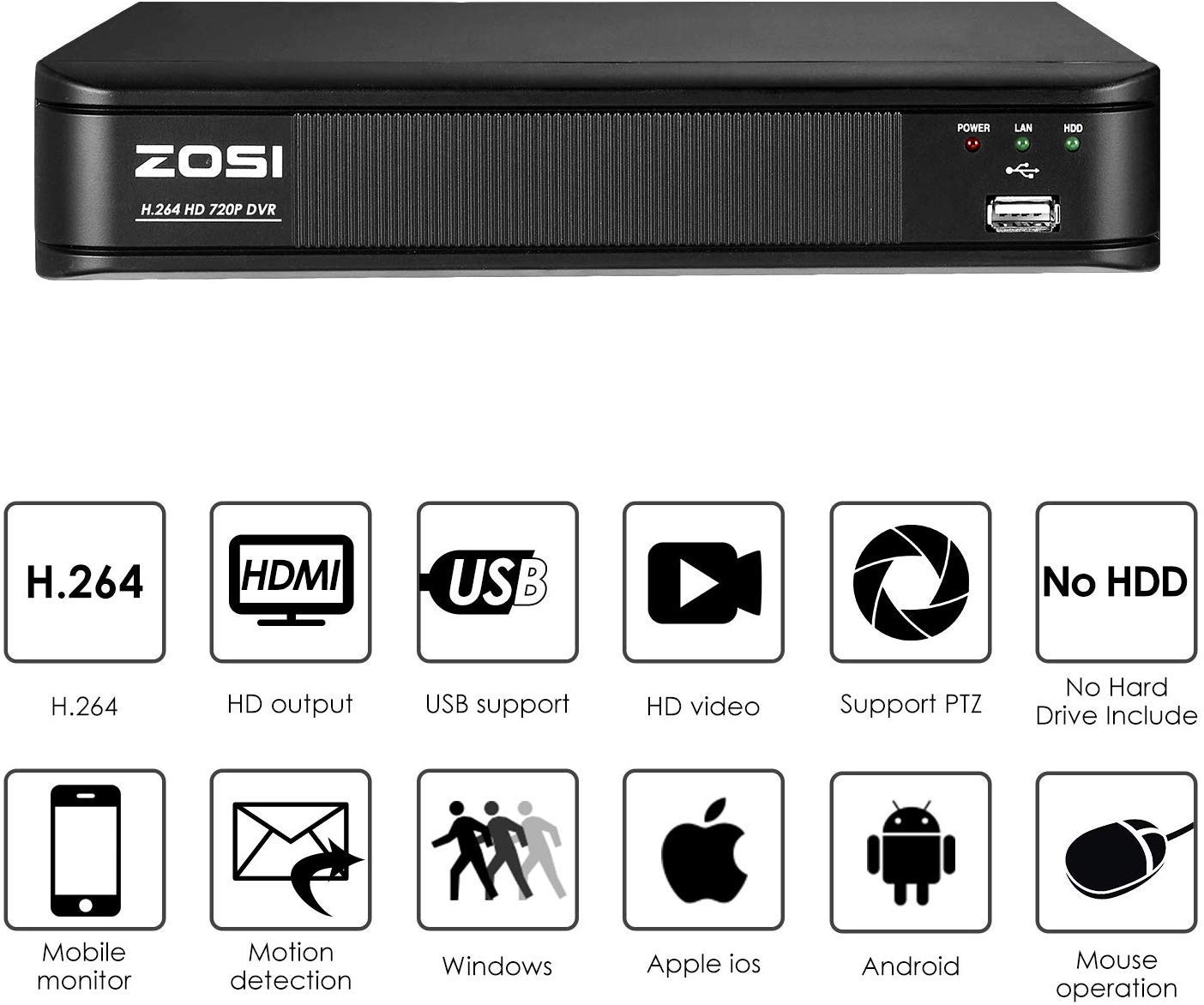 ZOSI 720p 8 Channel Security DVR System HD-TVI 1080P Lite Video, QR Code Scan Remote Access, Hybrid Capability 4-in-1(Analog/AHD/TVI/CVI) DVR Recorder Security Camera (Renewed)