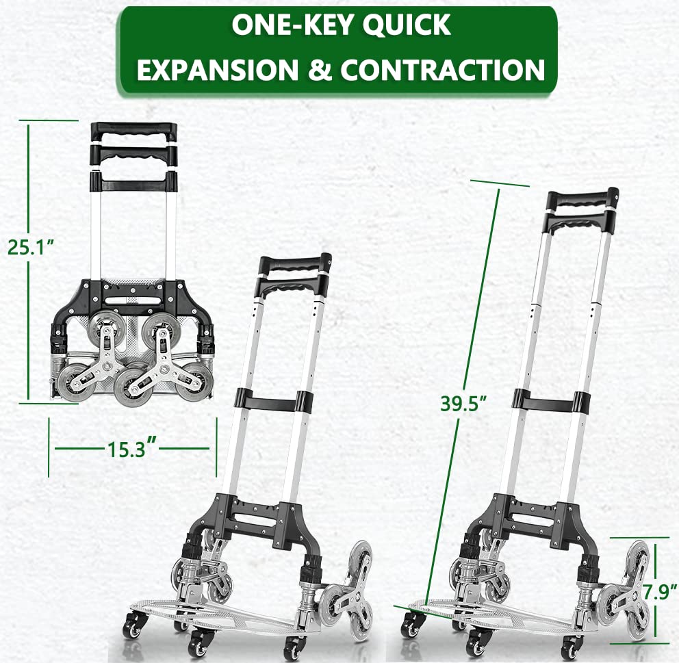 BRLJUNEO Stair Climbing Hand Trucks Dolly Cart, Foldable Shopping Cart with Wheels, Grocery Cart w/Telescoping Handle, 180 Lbs Load Capacity
