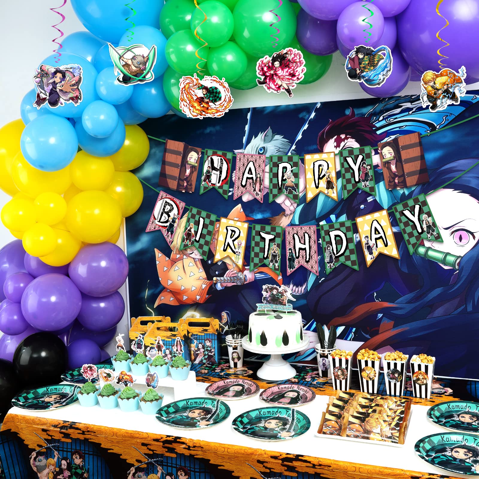 Birthday Decorations, 177Pcs Party Supplies, Include Tablecloth, Stickers, Banner, Cupcake Toppers, Tableware, Plates, Spiral Charm, Balloons for Kids Anime Theme Party