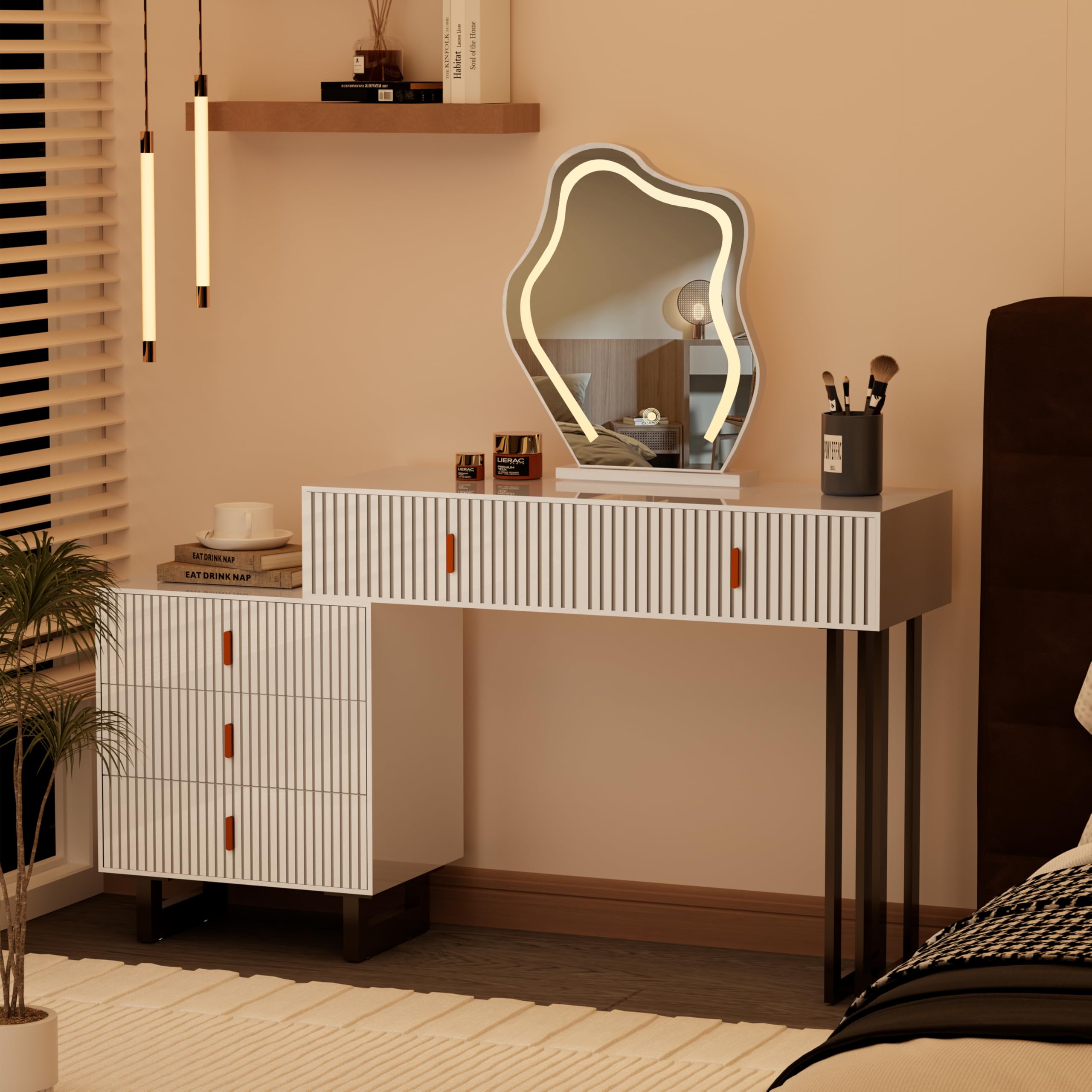 Chilihom Vanity Desk with Mirror and Lights, Dressing Table Vanity Set with 5 Drawers, Makeup Vanity Table with 3 Lighting Modes, Retractable Makeup Desk Vanity with Storage, Cloud Mirror White